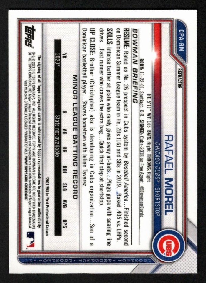 Rafael Morel 2021 Bowman Chrome 1st Year Refractor Autograph 364/499 ...