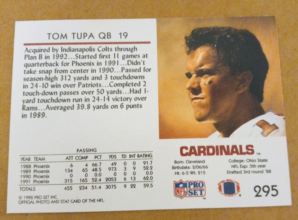 1992 Pro Set TOM TUPA Football Card #295. PHOENIX CARDINALS. | eBay