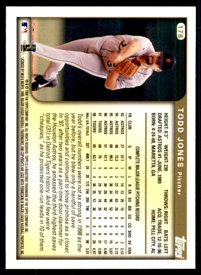 1999 Topps Baseball Card Todd Jones Detroit Tigers #178 | eBay