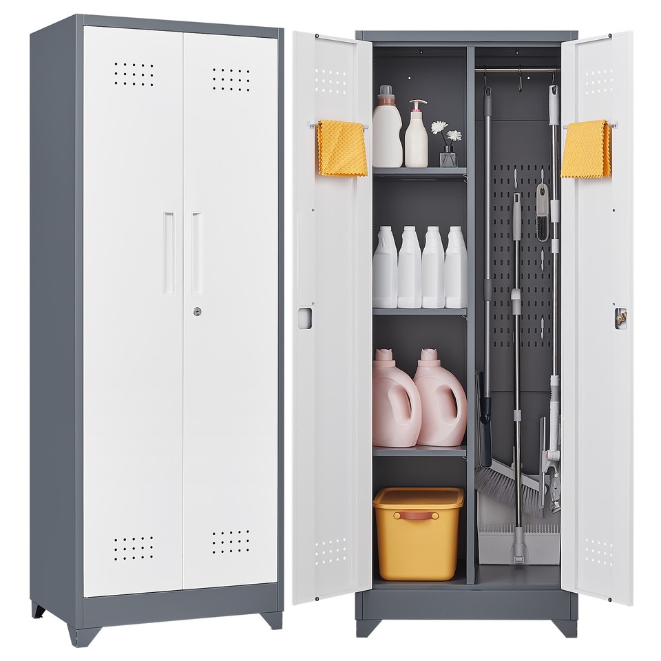 Metal Broom Storage Cabinet, Broom Closet with Pegboard and Hanging Rod ...