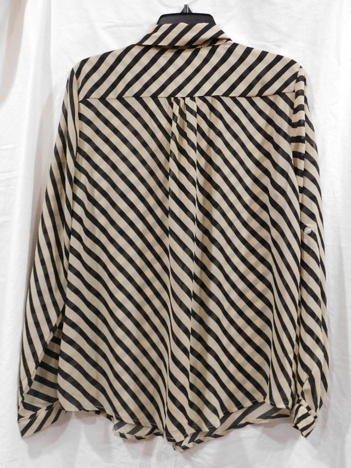 GW - Ms. Sheer Diagonal Striped Button Down Blouse - Beige & Black - Sz ...