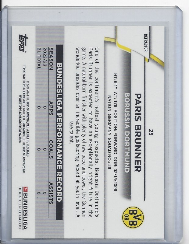 PARIS BRUNNER 2023-24 TOPPS CHROME BUNDESLIGA GREEN REFRACTOR RC #D 37/ ...