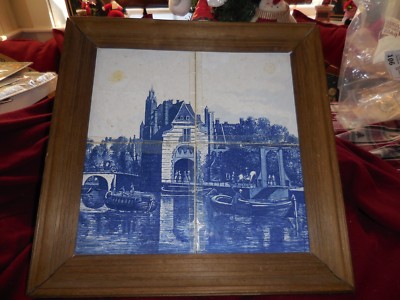 Vintage Framed Delft Tile 4 Tile Scene W/Tape and 1 Tile Crack Across ...