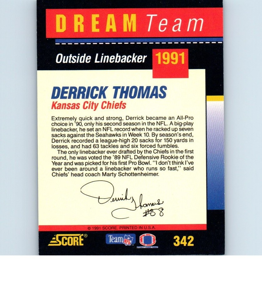 1991 Chiefs Dream Team Derrick Thomas 342 Score Football Trading Card ...