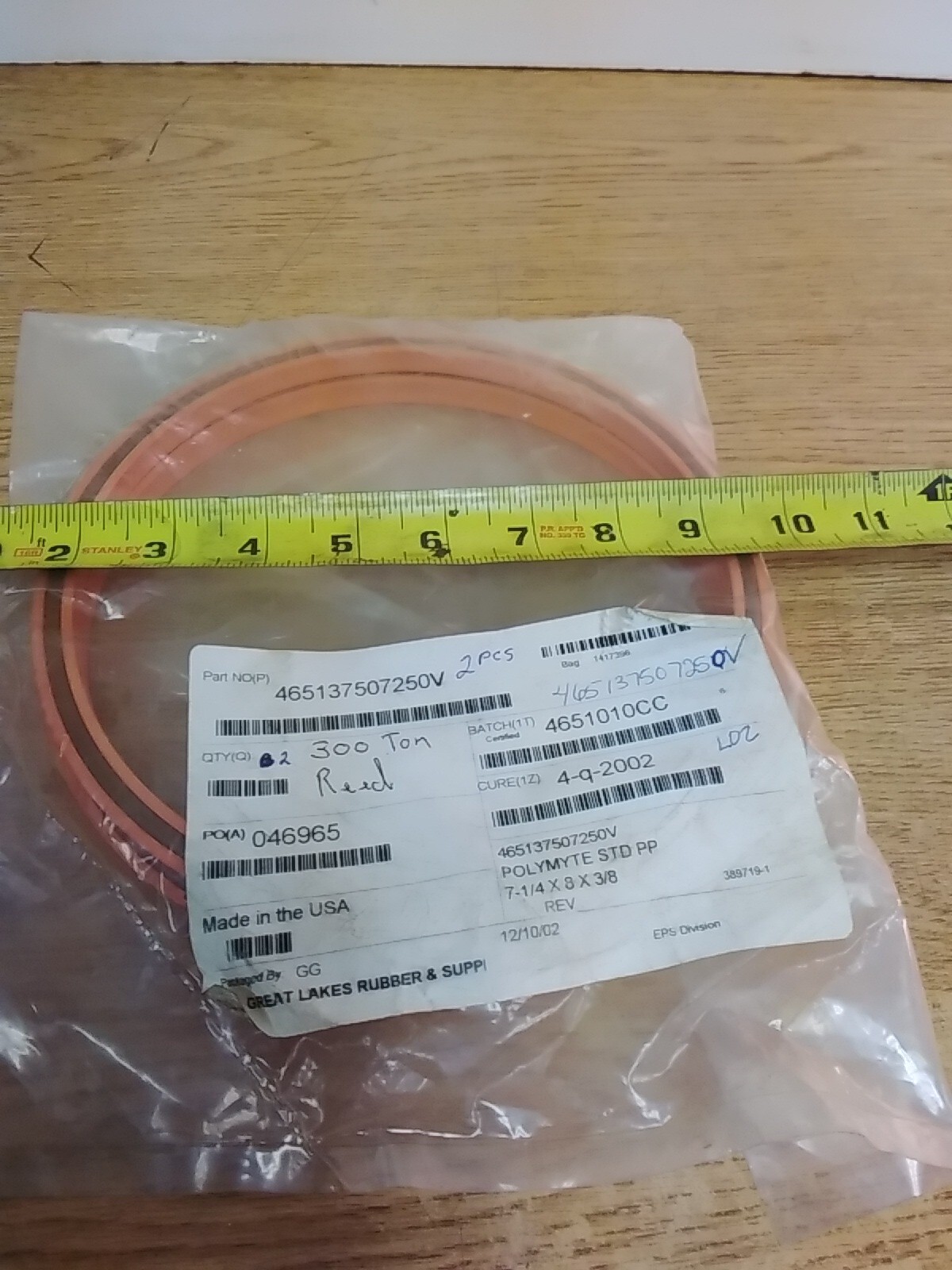 Lot Of 2 Parker 465137507250V Polymyte STD PP 8" OD 7-1/8" ID 3/8 ...