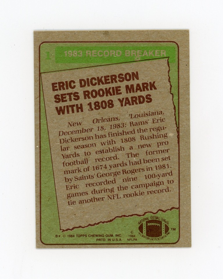 ERIC DICKERSON 1984 Topps Record Breaker Rc #281 Los Angeles Rams JM3 ...