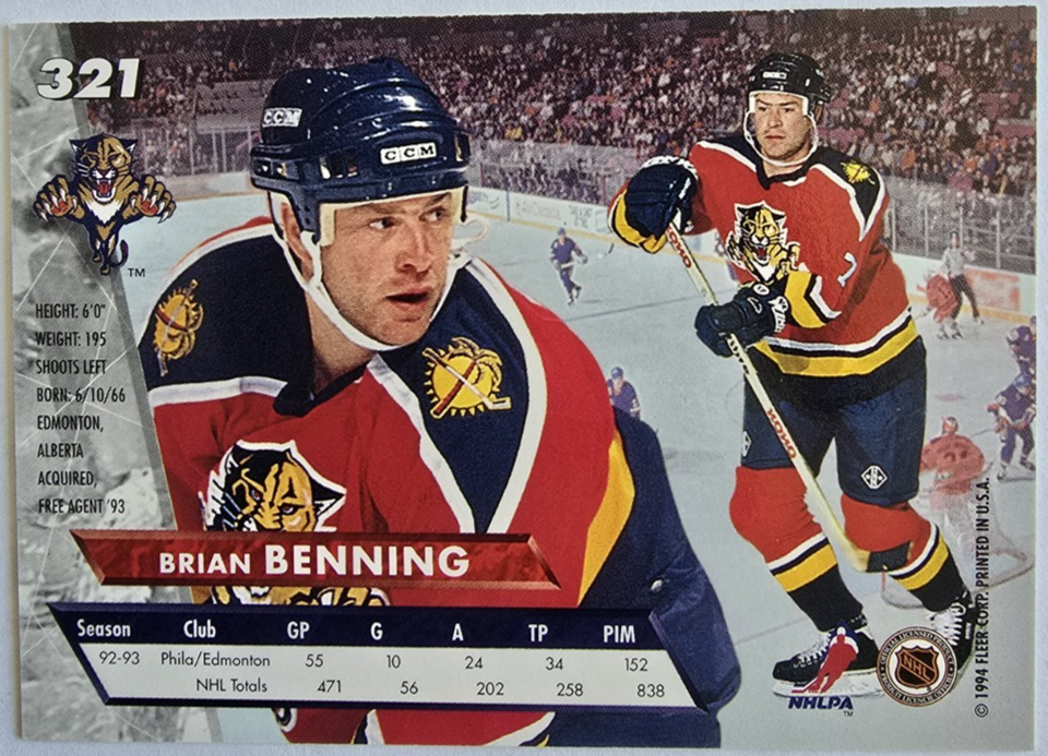 Brian Benning, 1993-94 Fleer Ultra, Florida Panthers, Defense, Card ...