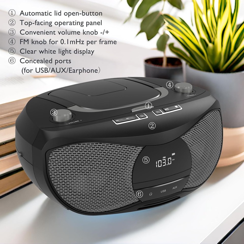 LONPOO Portable CD Player | Stereo Bluetooth Boombox | FM Radio Turn ...