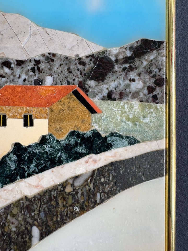 Vtg Italian PIETRA DURA Landscape Framed Art Plaque Stone Mosaic ALDINO ...
