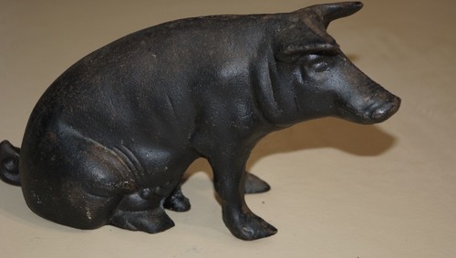 Cast Iron Sitting Piggy Bank Heavy Over 5 lbs 2-Piece Primitive Pig Hog ...