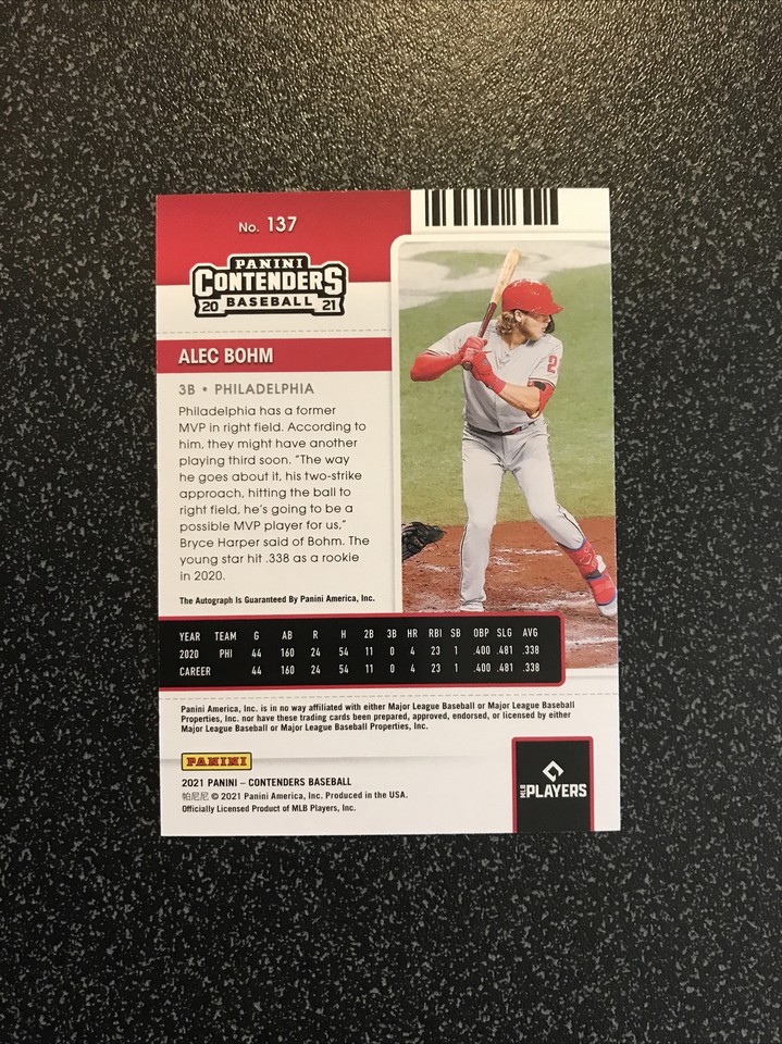 ALEC BOHM 2021 Panini Contenders Draft Ticket RC ROOKIE AUTO CARD#137 ...