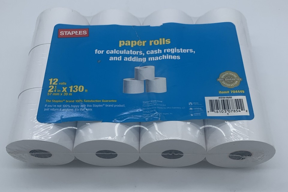Staples Paper Rolls 2 1/4"x 130" 12 Rolls for Cash Register, Calculator ...