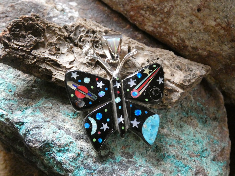 Butterfly Stars Moon Earth Sterling Silver 925 Gemstone Micro Inlay ...