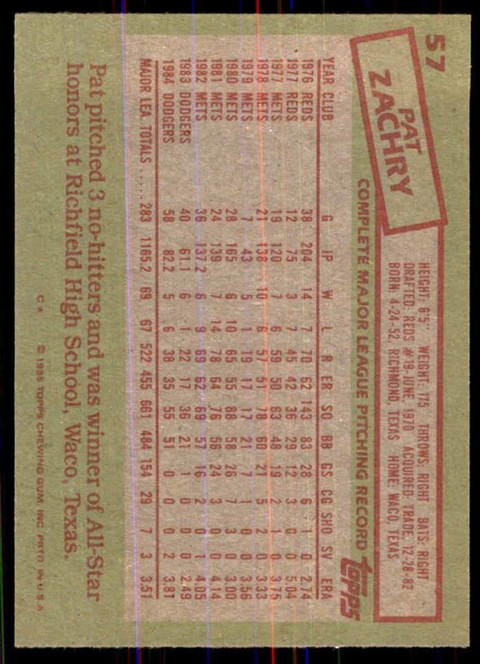 1985 Topps. Pat Zachry Baseball Cards #57 | eBay