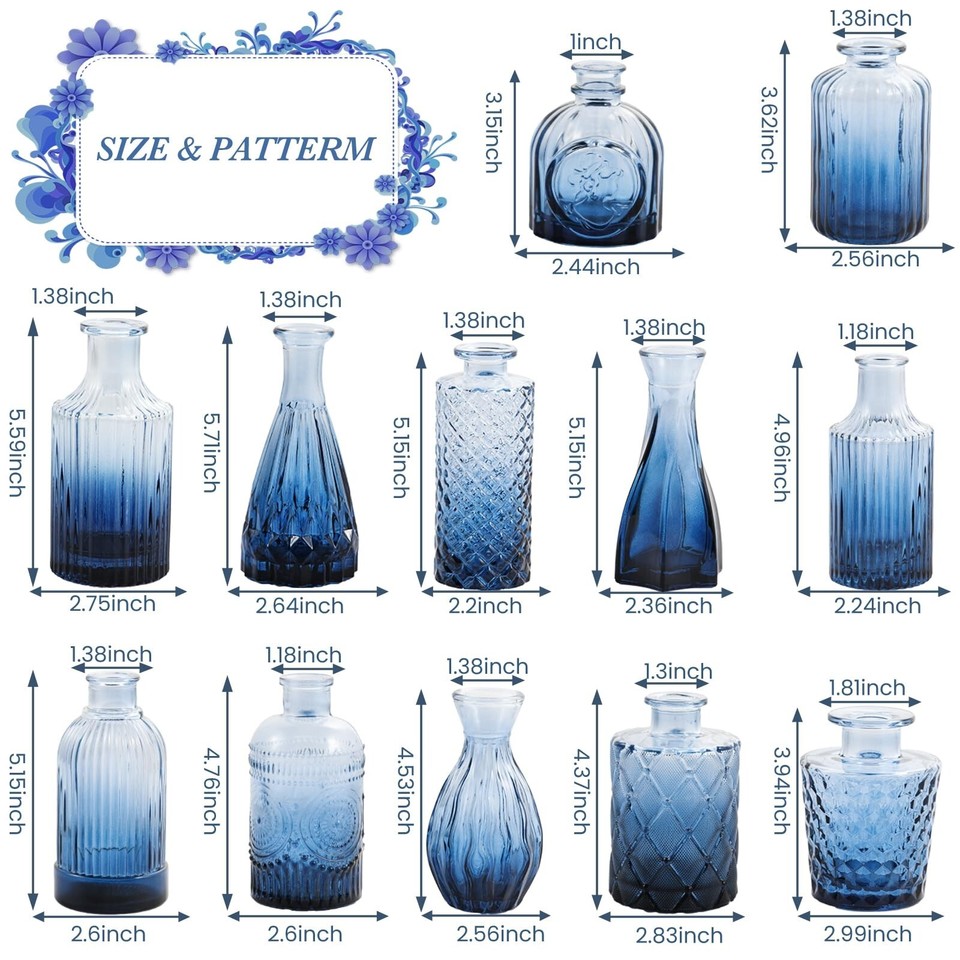 Navy Blue Glass Bud Vases Set of 12, Mini Flower Vases for Centerpieces ...