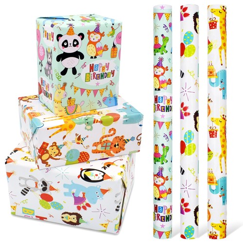 3 Rolls 17in x 10ft Animal Wrapping Paper, Reusable Happy Birthday Gift ...