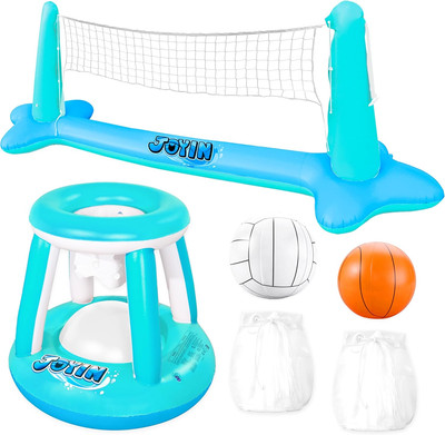 Inflatable Pool Float Set Volleyball Net & Basketball Hoops Balls for ...