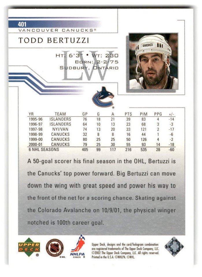 Todd Bertuzzi 2001 Upper Deck HOCKEY #401 Vancouver Canucks | eBay