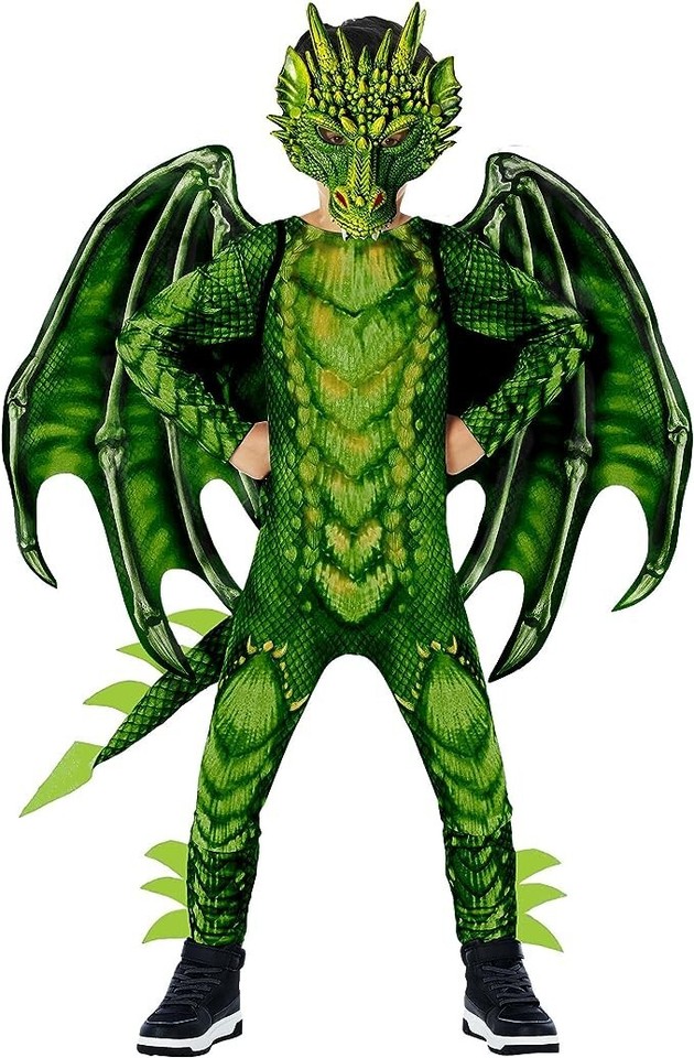 Deluxe Boys Green Dragon Costume with Wings Mask Kids Halloween Suit 4 ...