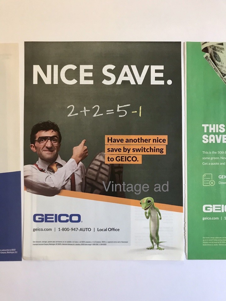 GEICO Insurance PRINT AD LOT Gecko Character Photo 3 Ads Vintage | eBay