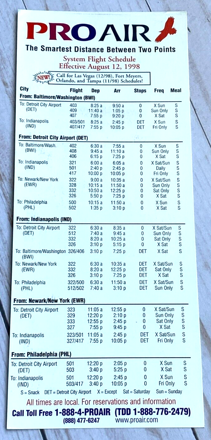 Pro Air Timetable Effective August 12, 1998 | eBay