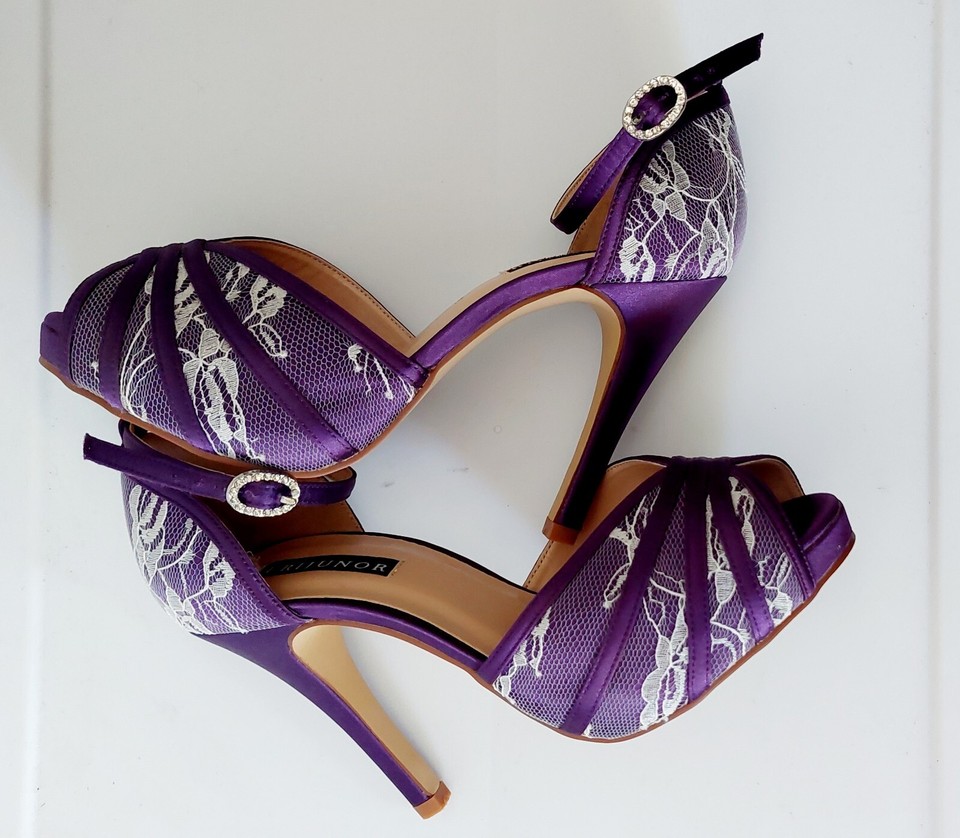ERIJUNOR Purple Satin White Lace Strappy Peep Toe Heels Wedding Evening ...