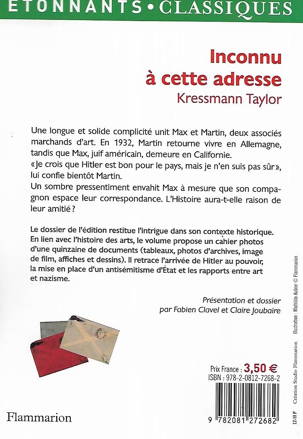 "Inconnu à cette adresse" Kressman Taylor/ Très bon état/ Flammarion ...