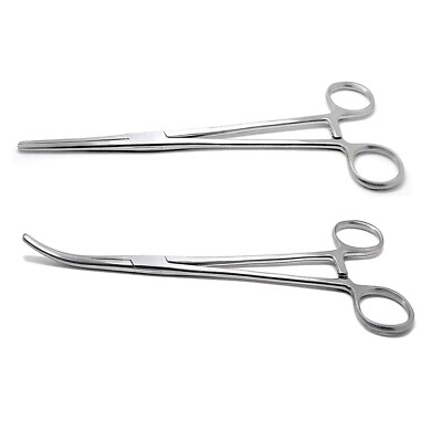 2 Pcs Kelly Hemostatic Artery Clamps Forceps 10" Straight & Curved ...