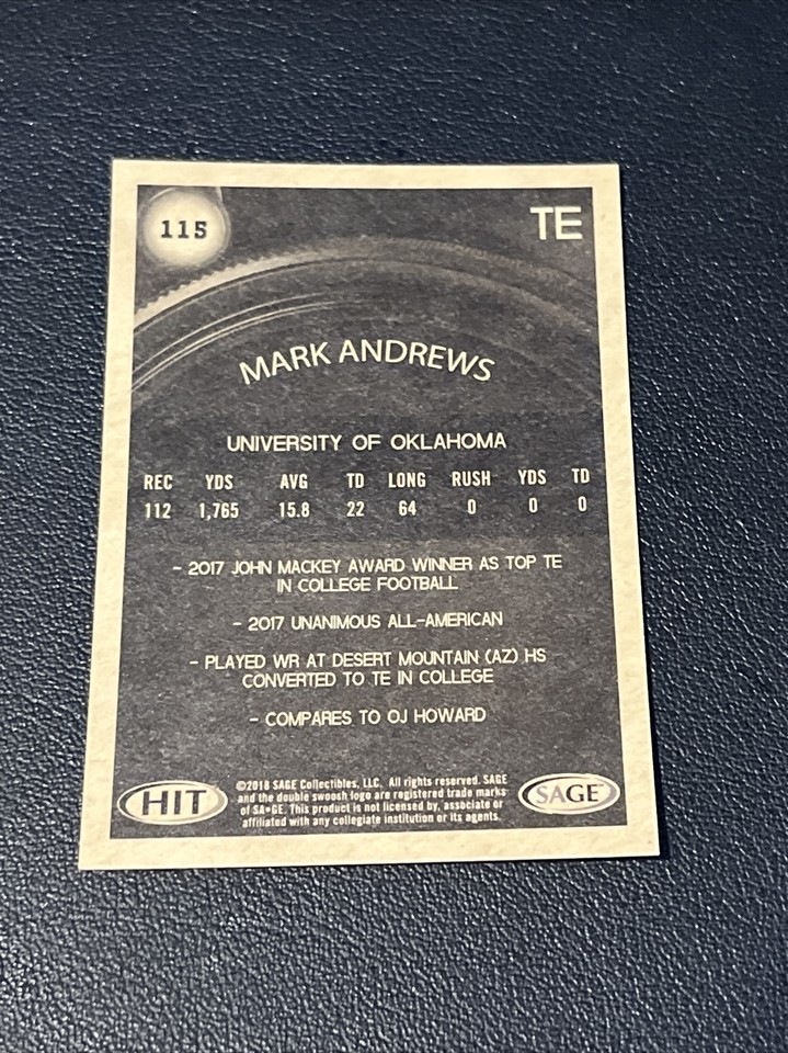 Mark Andrews Rookie 2018 Sage HIT Premier Draft In Focus #115 Ravens ...