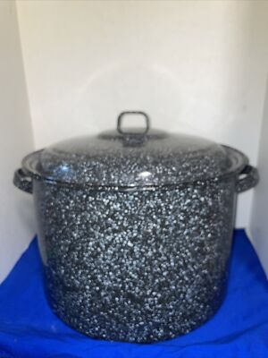 VTG Black Speckeled Enamelware Pot Round 14” Dia w/Lid Estate Find | eBay