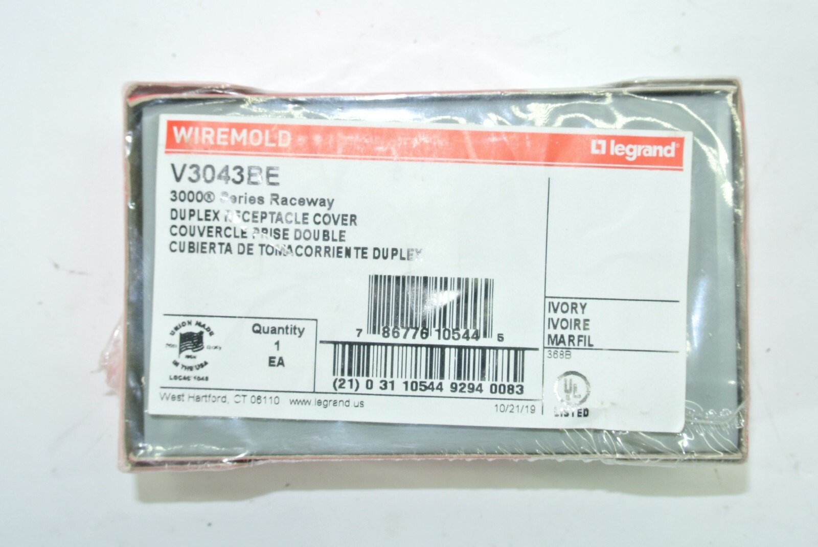 Wiremold V3043BE 3000 Series Raceway Duplex Receptacle Cover - Ivory ...