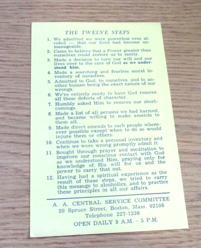 old Alcoholics Anonymous card, AA Central Office, Boston, Mass ...
