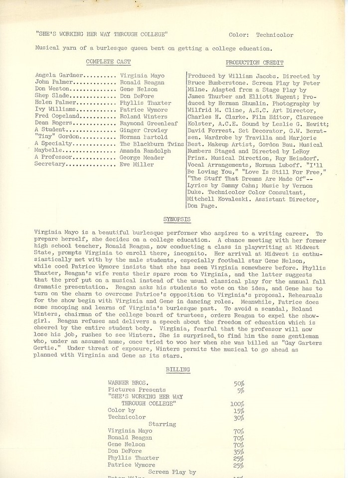 PHYLLIS THAXTER orig movie photo & press release WORKING WAY THROUGH ...