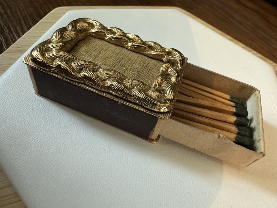 Vintage Brass Match Box Holder Gold Tone Frame Shape Rope Border w ...