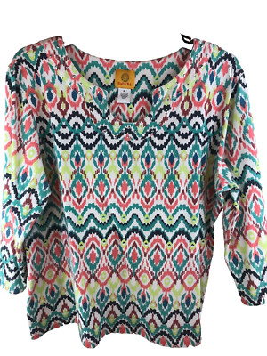 RUBY ROAD XL Pullover Top White with multicolors U Neckline and ...