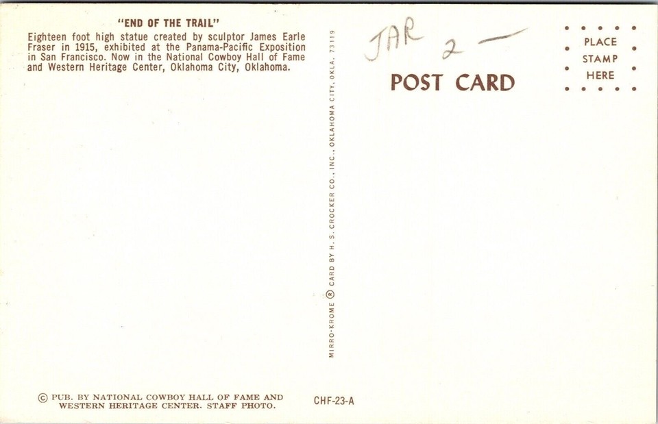 End Trail Statue Sculptor James Earle Fraser Oklahoma City Ok Unposted ...