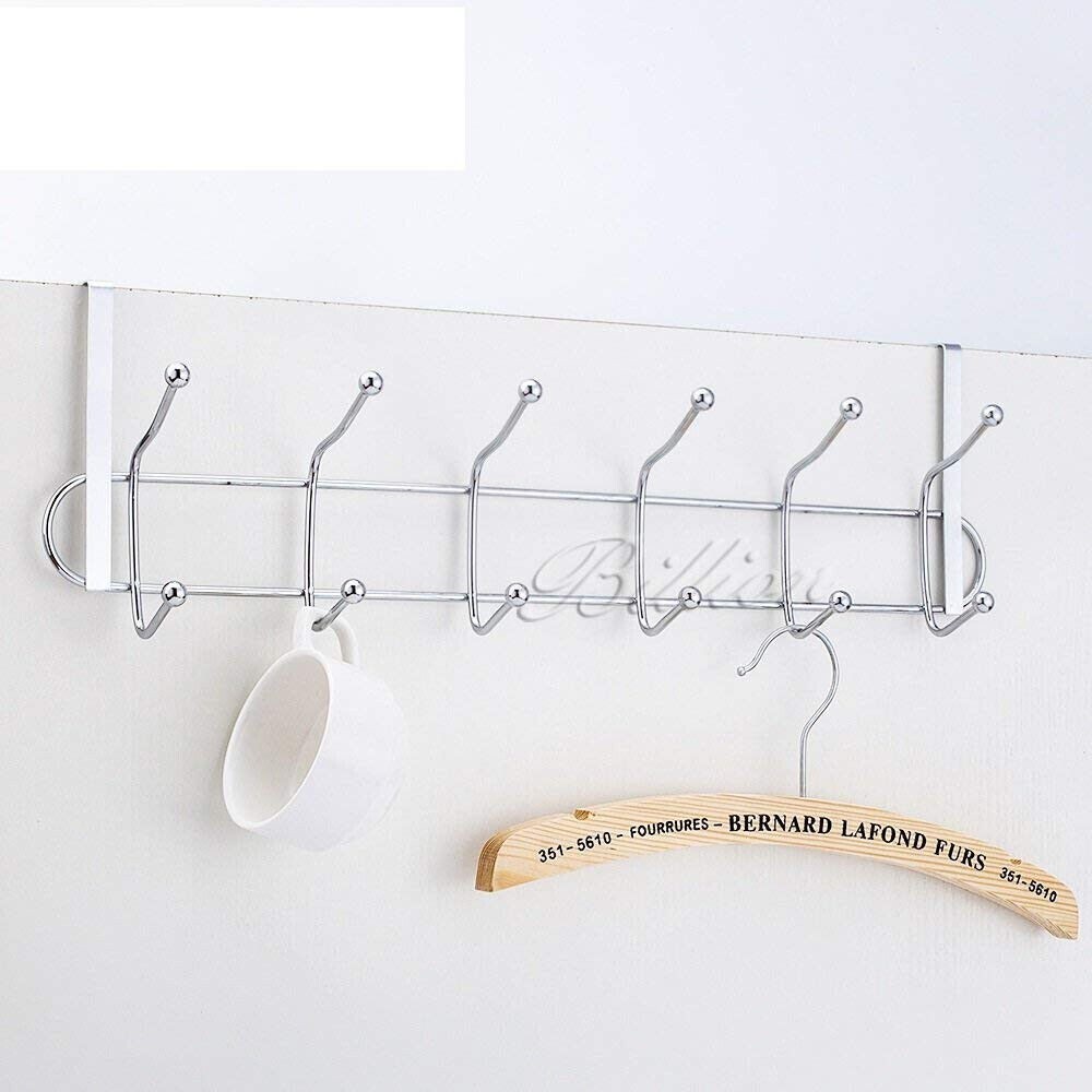 12 HOOKS CHROME OVER THE DOOR WASHROOM COAT HANGER CLOTHES TOWEL ...