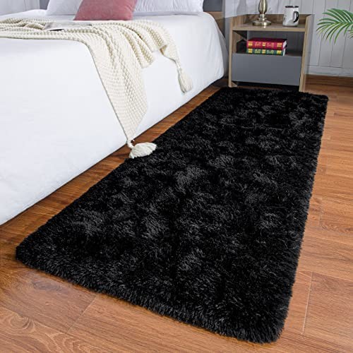 Small Bedroom Runner Rug 2x8, Black Fluffy Bedside Rugs for Kids Room ...