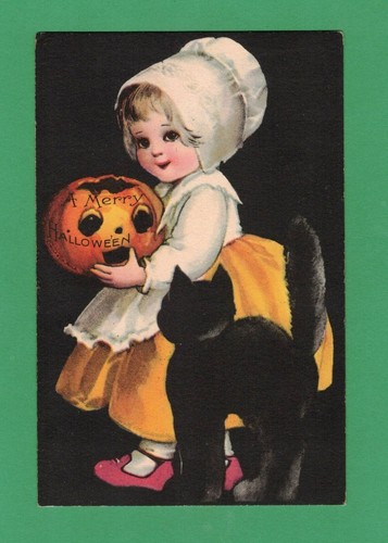 1917 ELLEN CLAPSADDLE HALLOWEEN POSTCARD GIRL WITH JOL BLACK CAT | eBay