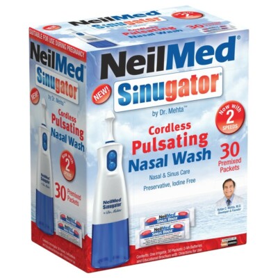 NeilMed Sinugator Cordless Pulsating Nasal Wash + 30 Sachets Saline ...