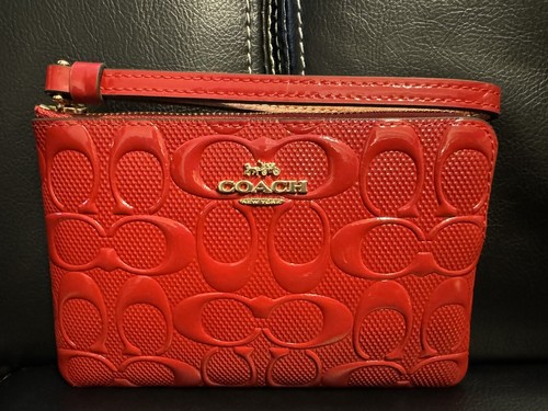 COACH Corner Zip Wristlet, Sig Patent Leather, Embossed, SHINY Gold/RED ...