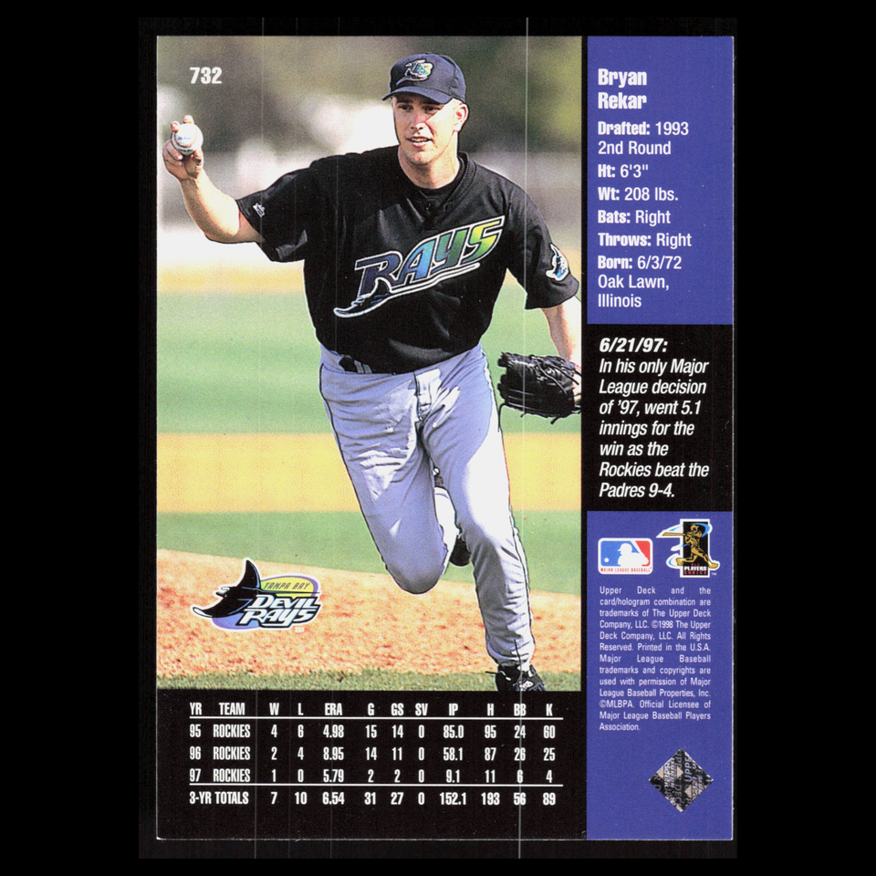 Bryan Rekar #732 1998 Upper Deck Tampa Bay Devil Rays Baseball Card MLB ...