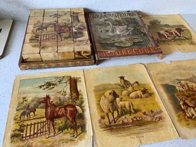 ANTIQUE EDWARDIAN C1910 BOXED 20 WOODEN BLOCK PICTURE CUBES PUZZLE ...