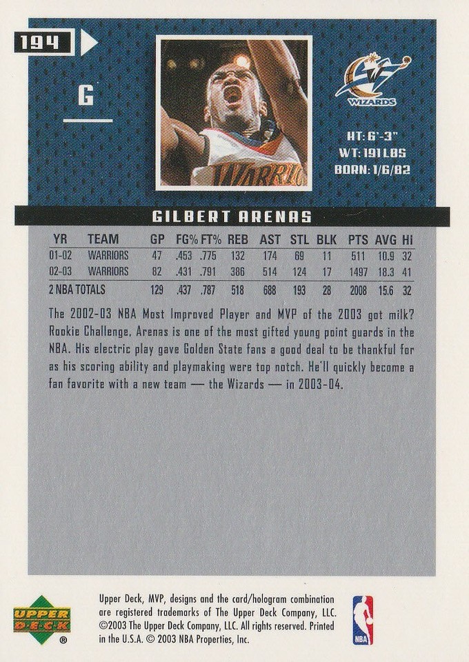 Gilbert Arenas 2003-04 Upper Deck MVP #194 Golden St Wizards | eBay