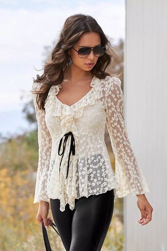 Boston Proper Lace Knit Ruffle Tunic Top Off White Embroidered Boho Y2K ...