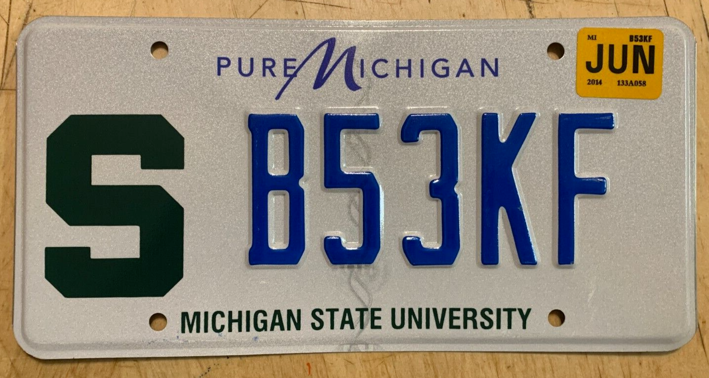 EAST LANSING MI STATE UNIVERSITY COLLEGIATE LICENSE PLATE " B53 KF " GO ...
