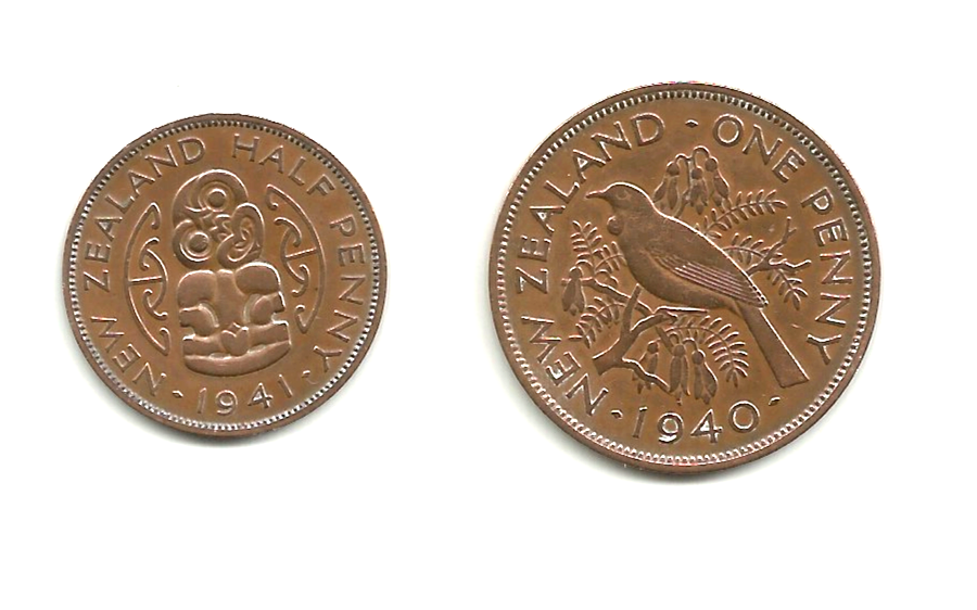 1941 New Zealand Half Penny & 1940 Large Penny Lot of George VI WWII ...