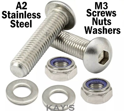 M3 Button Head Allen Screws With Nyloc Nuts and Washers A2 Stainless ...