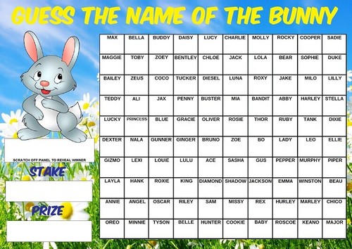 A3 GUESS THE NAME OF BUNNY RABBIT FUNDRAISING SCRATCHCARD Easter Spring ...