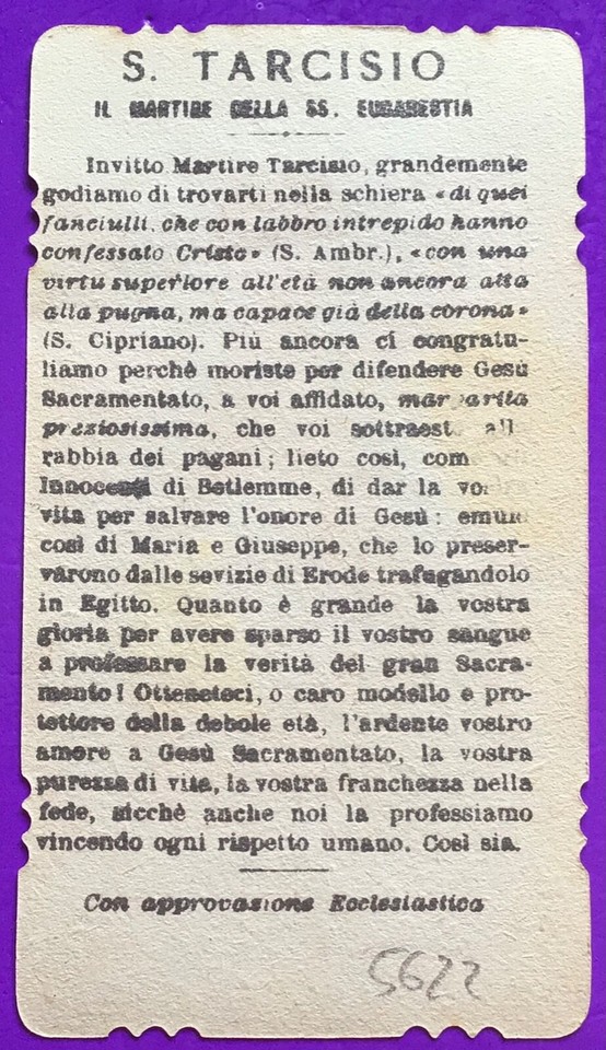 Santino Carte Sainte, Saint Tarcisio - Réf. 5622 | eBay